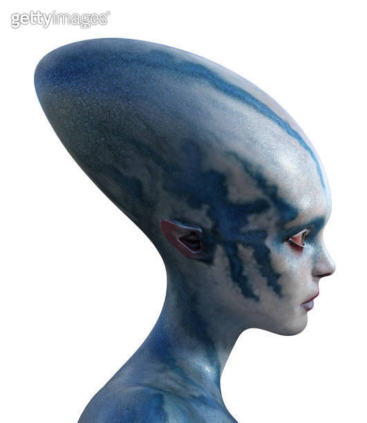 Illustration of a female alien looking into the distance with a large ...
