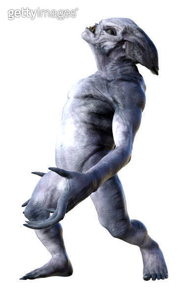 Illustration of a scarry alien with sharp teeth and long arms with ...