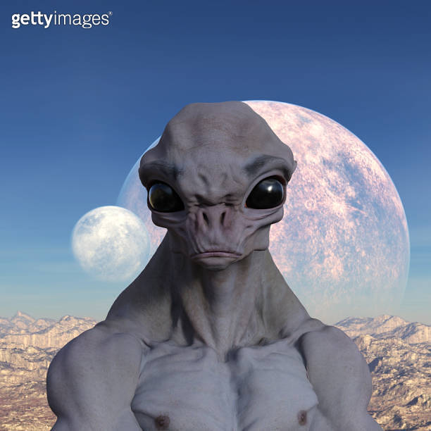 Illustration of a muscled body alien upper torso and large black eyes ...