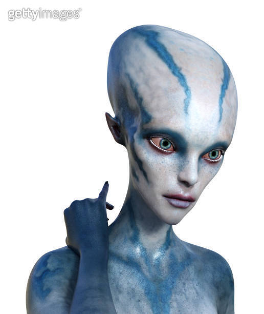 Illustration of a female alien with blue skin and bloodshot eyes ...