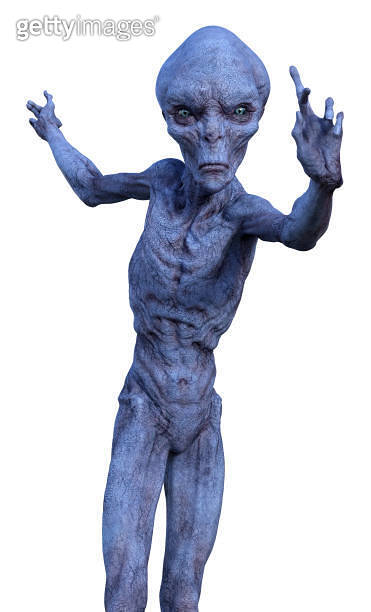 Illustration of a blue alien with arms up looking forward on a white ...