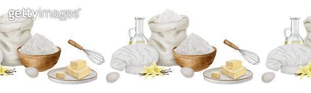 Flour in canvas bag and bowl, Whisk, Butter, cooking oil, vanilla, egg ...