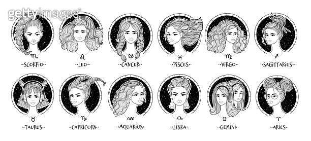Set of zodiac signs line art female face portraits 이미지 (2027700411 ...