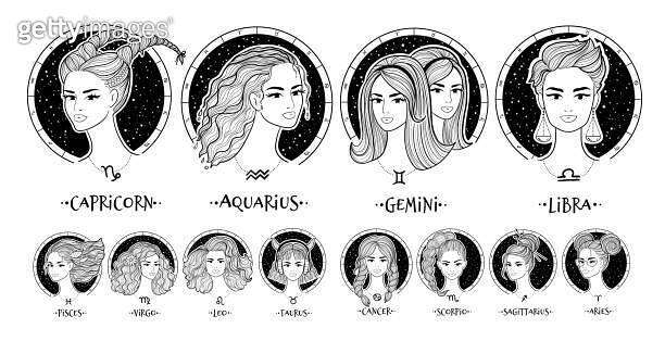 Zodiac signs line art girls fashion portraits 이미지 (2147701164) - 게티이미지뱅크