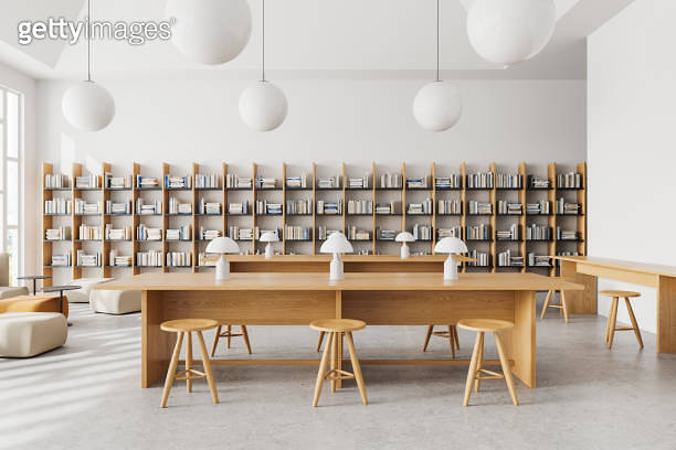 White library interior with bookshelf, relaxing and work space with ...