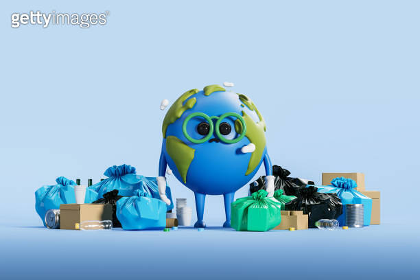 Earth cartoon character with plastic bags and boxes, pollution concept ...