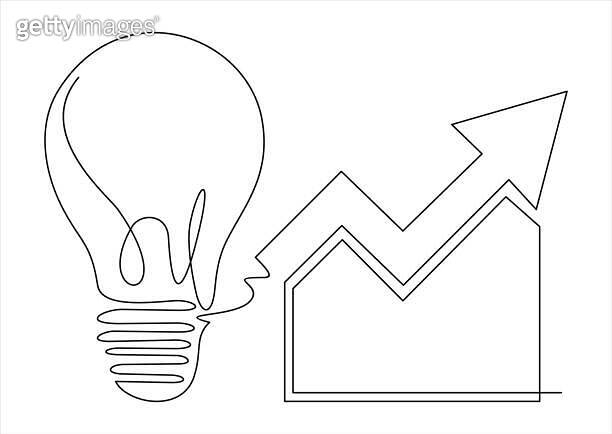 Continuous one line drawing of light bulb with increasing up arrow bar ...