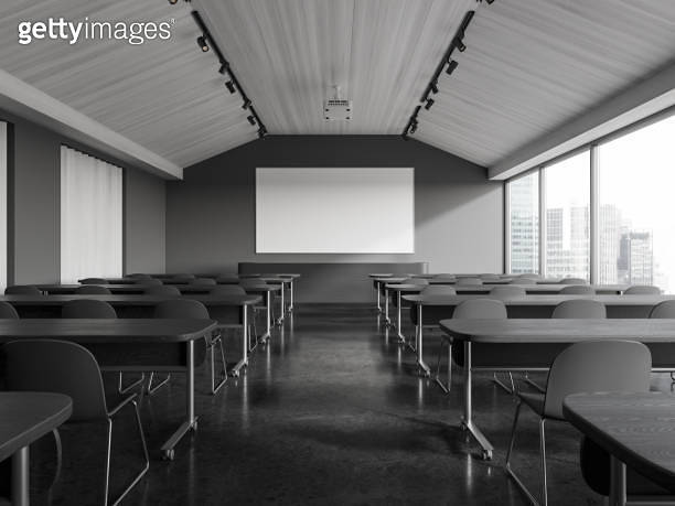 Grey classroom interior with chairs in row, window and mock up ...