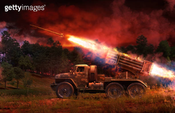 Grad BM-21 rocket launcher, rocket launch moment. Truck-mounted weapon ...