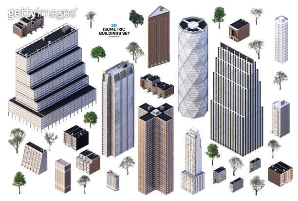 Isometric city constructor. Realistic urban 3D skyscrapers, business towers, offices ...