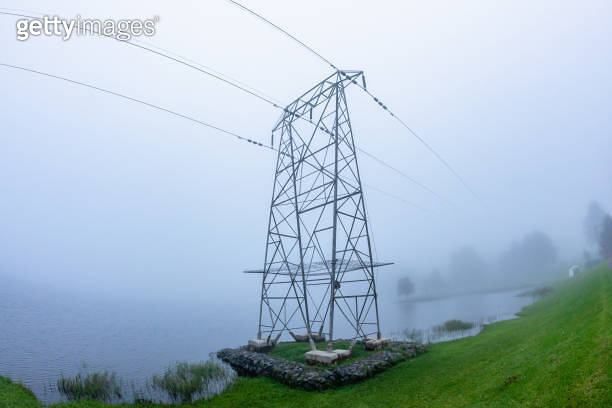 Electrical Tower Power Lines Dam Water Mist Landscape 이미지 (2148048309 ...