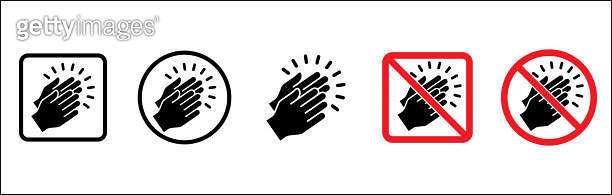 Forbidden hand clapping icons. No applaud signs. Keep silent, quiet ...