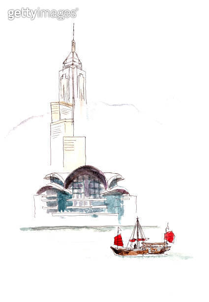 Hong Kong, Victoria Harbor and junk with red sails, watercolor travel ...