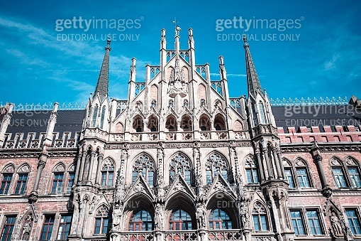 Ornate facade of a historic building with decorative spires and ...