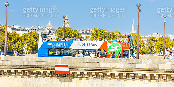 Toot Bus, an open tour bus visiting the streets of Paris, France in ...
