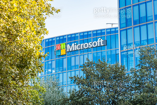 Microsoft sign on the French head office building in Issy les ...