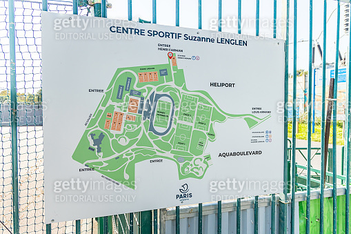 Suzanne Lenglen sports center map at the entrance portal of the park ...