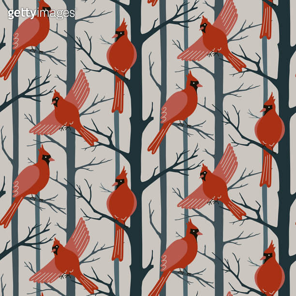 Red cardinal birds seamless pattern. Northern cardinal birds and bare ...