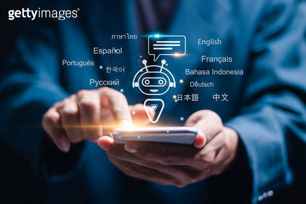 Automatic translation system. Person use mobile smartphone with virtual ...