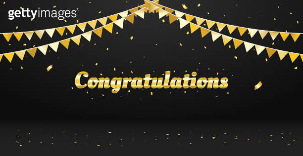 Gold Congratulation Lettering Text With Golden Flags And Confetti On ...