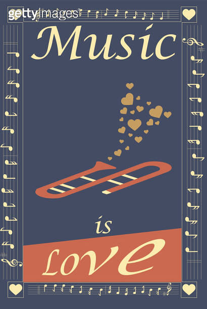 Blue poster of Music and love with trombone and hearts 이미지 (2022518814 ...