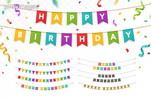 Realistic Happy Birthday party paper garland on rope, banners, confetti ...