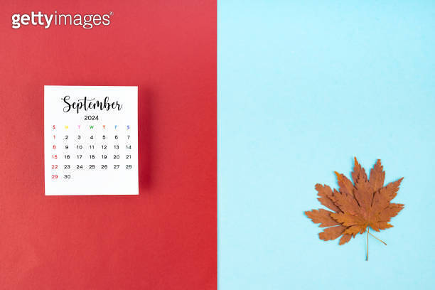 Top view of a September 2024 calendar and autumn foliage on a red and ...