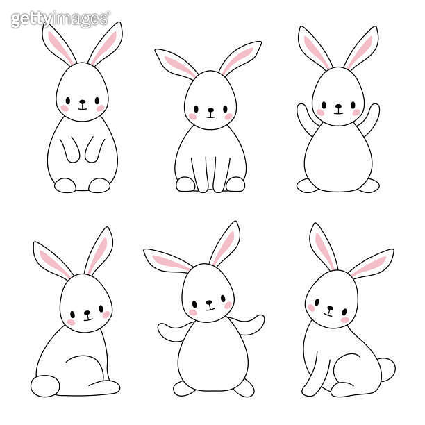 Set of cute, stylized rabbits. Easter bunnies in different poses linear ...