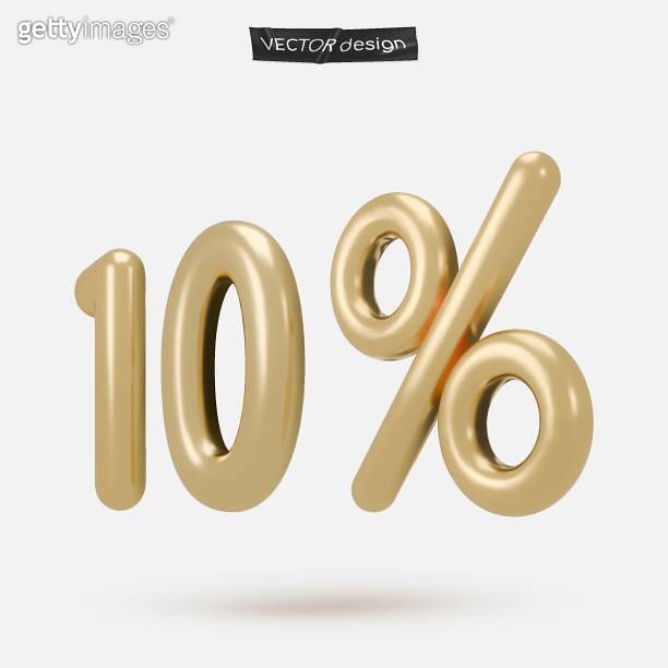 Golden icon, 3d render ten percent sign, 10 %. Realistic design element ...
