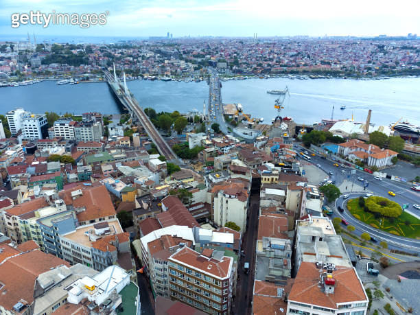 Drone view of Istanbul near the Golden Horn Bridge, Turkey. A view of ...