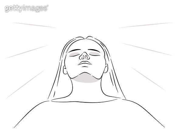 Out line of a woman adult doing breathing exercise in low angle view ...