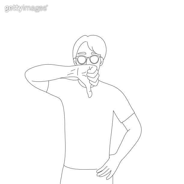 A man standing and doing thumb down hand sign gesture isolated in line ...