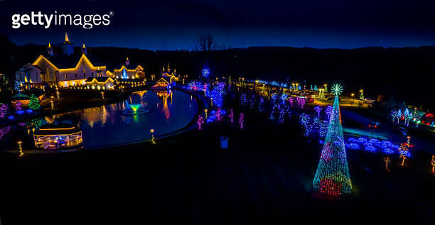 Aerial View Of A Grand Holiday Lights Display Featuring A Reflective ...