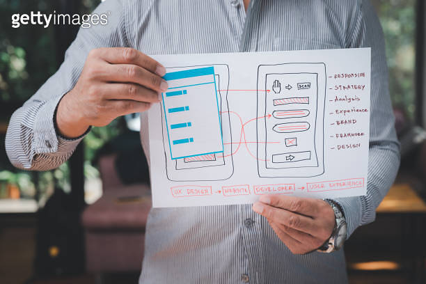 UX or UI designers designing on smartphone application layout prototype ...