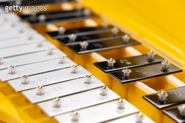 Metallophone musical percussion instrument with metal plates close-up ...