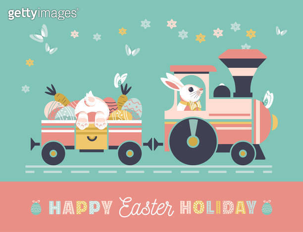 Easter bunny drive train with Easter eggs poster 이미지 (2048667105) - 게티이미지뱅크