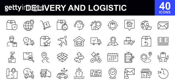 Delivery and logistics icon set. Receive of parcel and cargo. Contains ...