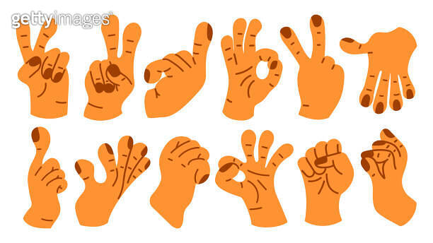 Collection of gesture signs from human hands. A set of fingers showing ...