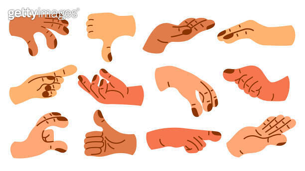 Collection of gesture signs from human hands. A set of fingers showing ...