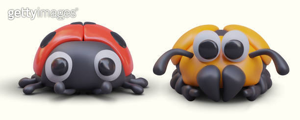 Collection with red cute ladybird and yellow scarab standing on white ...