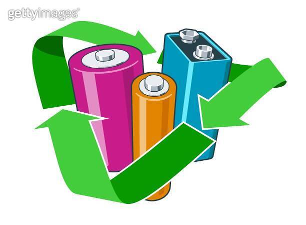 Green recycling symbol with used batteries inside. Concept of waste ...