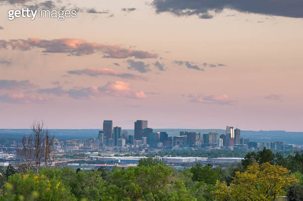The Sunset time in Denver , Colorado , USA Downtown City glowing ...