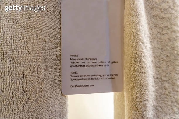 Save water sign label on hotel encourage guest reuse bath towel ...