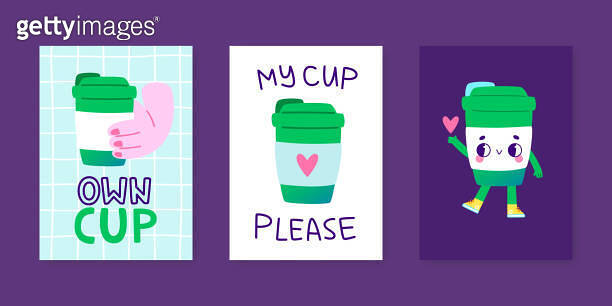 Cartoon poster set with reusable cup. Flyers collection with cute mug ...