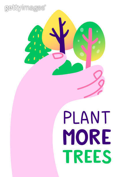 Ecological poster about planting trees with stylized hand holding ...
