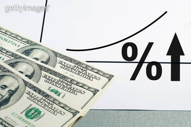 Interest rate increase. Chart with rising interest rates and dollar ...
