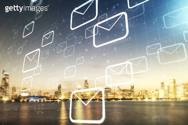 Abstract virtual postal envelopes sketch on Chicago office buildings ...