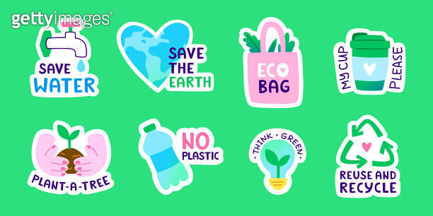 Eco sticker set. Cartoon vector ecology sticker collection. Doodle ...