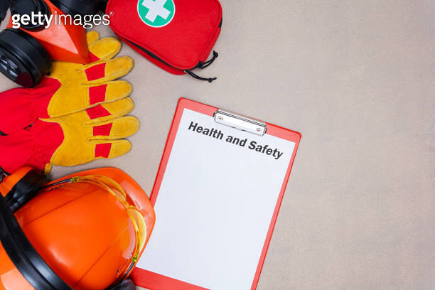 Health and safety at work. Top view of work safety protection equipment ...