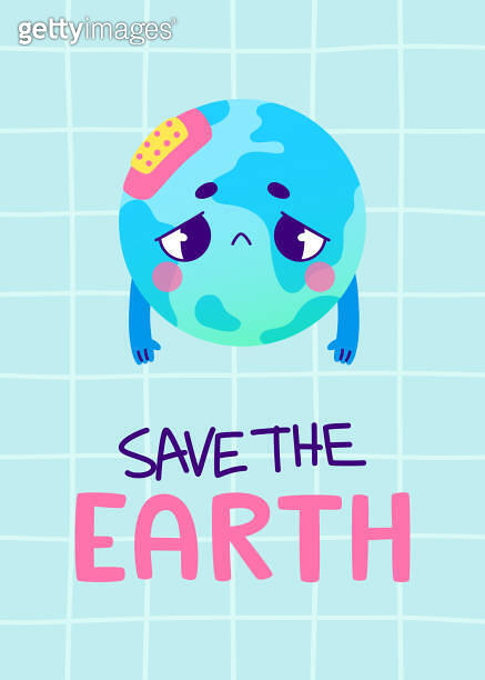 Cartoon ecology poster with sad earth planet.Vector banner about ...
